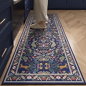 Rugcomf Runner Rug Washable Kitchen Runner 2'6''x8' Runner Rug for Entryway Indoor Floral Non-Slip Soft Carpet Runner for Hallways, Kitchen, Laundry, Bedroom, Bathroom(Blue)