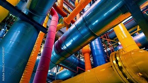 Colorful pipes system crossing in a modern industrial production plant. The image transmits a concept of modern industry, innovation and productive efficiency