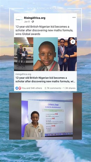 12-year-old British-Nigerian kid becomes a scholar after discovering new maths formula, wins Global awards. #fbreels #reels #reelschallenge #reelsviral #like #likeforlike #follow #tshwalabami #tshwalabamichallenge #fyp #fypシ #foryoupage #newmusic #viral #foryou #reelssouthafrica #reelsafrica #BlackSuccess #RisingAfrica #SuccessStories #nigerian #smartkids #amapiano #AI | RisingAfrica.org