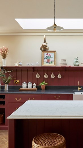 Uns Hobbs Interiors on Instagram: "This red kitchen has been receiving a lot of love recently. Recently featured in The Telegraph in an article written by @busolaevans on future kitchen trends. Reds and brown and warm neutrals are definitely hot for 2024 @devolkitchens are a pleasure to work with and create beautifully made cabinetry to last a lifetime."