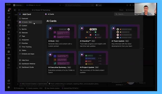 2.7K views | Even when you’re offsite, you don’t have to lose context! ClickUp AI Dashboards and AI Cards make it easy for leaders to gain instant visibility into team progress, priorities, and risks. See how our very own GVP of Marketing, Kyle Coleman, starts his day with a quick, comprehensive snapshot. | ClickUp | Facebook