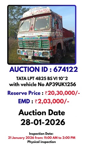 BOB Bank - 2 Vehicle Auctions - TATA LPT 4825 BSVI 10*2 COMMERCIAL VEHICLE (LORRY), ANDHRA PRADESH