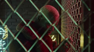Side view through netting fence of Black guy with white hair in faux fur coat looking on camera, standing in studio with neon lights