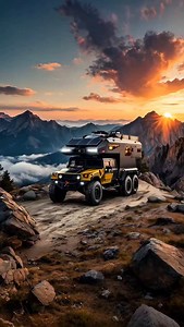 Hummer H1 6x6 | "Sunstrike Overlander" – AI digital design This ultra-rugged Hummer H1 6x6 conversion is made for mountain trails and golden hour glory. Featuring a vivid high-gloss yellow cab and matte black overland module, it strikes a bold silhouette against any backdrop. Dual solar panels, winch-ready bumpers, and a lifted suspension system prepare it for serious adventure. Inside, dark wood finishes, soft ambient lighting, and a full lounge-kitchen-bed layout create a luxurious retreat aft