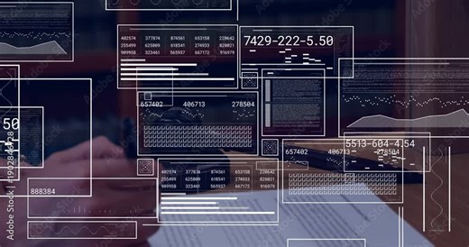 Person's hands tapping legal document, HUD panels multiplying and highlighting numbers for analysis