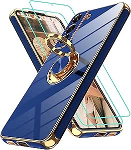 Gritup for Samsung Galaxy S22 Plus Case: with 2Pcs Screen Protector, 360° Rotation Ring Holder Magnetic Kickstand, Plating Gold Edge Soft TPU Shockproof Protective Cover for S22 Plus, Blue