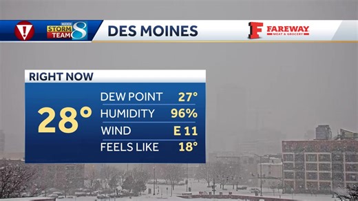 Steadier heavy snow has arrived in the Des Moines metro! Visibility downtown has dropped quite a bit as this snow has pushed in. You can expect snowfall rates between a 1/2 inch and 1 inch per hour as this heavier band pushes through. | Meteorologist David Koeller