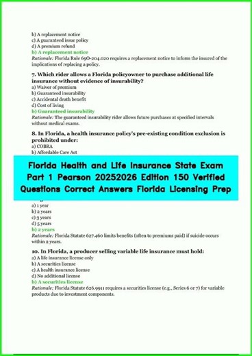 Florida Health and Life Insurance State Exam Part 1 Pearson 20252026 Edition 150 Verified Questions