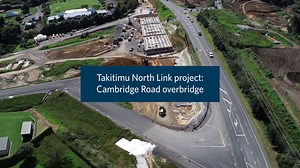 Tracking progress at Tauranga’s Takitimu North Link project where 21 beams have been placed at the new alignment forming the 100m long bridge at Cambridge Road, Bethlehem / Tauriko. This is a major piece of the puzzle at this section of the project, which is very busy with several aspects of the build underway, as shown this short clip. The bridge will become the new alignment for Cambridge Road and is around five metres lower than the existing road. While this is built, work to relocate Harriso