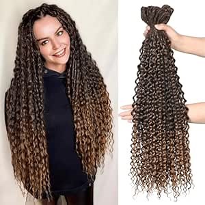 WIGER Ombre Brown Curly Dreads Extension Wavy Double Ended Dreadlock Hair Weave DE Brown Wavy Twisted Dreadlock Handmade Synthetic Soft Locs Hair Bundle (20 Strands Curly Dreads, 1B/30)