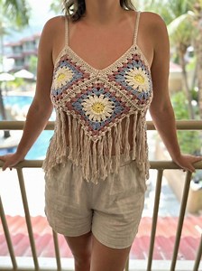Handmade Granny Square Crop Top With Fringe - Boho Crochet Festival Beachwear - Navy & Cream Vintage Style Summer Tank - Etsy Australia