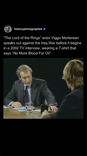 In 2002, before the Iraq War officially began, actor Viggo Mortensen used a televised interview to express his opposition to the conflict publicly. Appearing on screen wearing a shirt that read “No More Blood For Oil,” he spoke out against what he believed was an unjust and politically motivated war. His stance was unusually bold for a major Hollywood actor at the time, and it drew attention to the growing public criticism of U.S. foreign policy. | History In Pictures