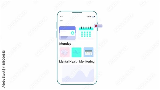 Mental Health Monitoring App Interface on Smartphone Screen with Data Visualization and Charts.