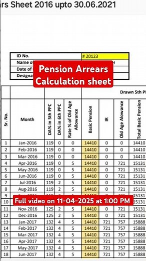 Punjab 6th Pay Commission Pension Arrears Calculation sheet for Pension revision - Pay Revision
