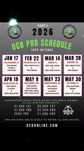 OCB NATURAL BODYBUILDING ™ on Instagram: "🧨 BOOM ....THE 2026 OCB PRO SCHEDULE! As promised, the OCB is delivering more pro contests and opportunities to compete as a LEGIT DRUG FREE PRO all over the country. GUARANTEED prize money...no sliding scale, no fuzzy math. . WHY ARE YOU NOT HERE YET?? . 🔗OCBONLINE.COM"
