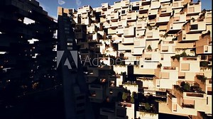 The setting showcases an innovative urban structure with layered residential units adorned with lush plants, creating a harmonious blend of nature and architecture in a modern cityscape.