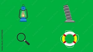 Animated 2d character green screen chroma key 4k This cartoon includes magnifying glass, lantern, ladder, and lifebuoy. Perfect for adventure, exploration, and rescue themed stock videos.