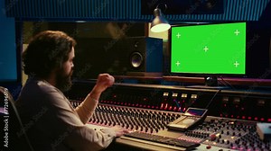 Audio expert editing tracks by following online lesson on greenscreen pc, mixing new tunes together to create a song. Sound engineer working in control room to record and process music. Camera B.