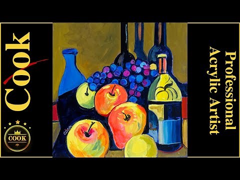 Picasso Style of Apples, Grapes and Wine , Easy Abstract Acrylic Painting with Ginger Cook