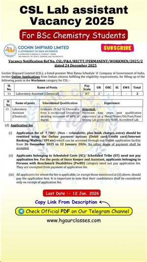 CSL Lab assistant Vacancy 2025 BSc Chemistry Students