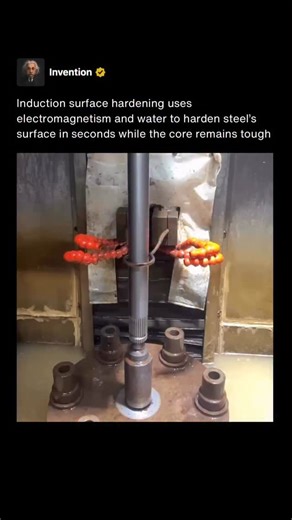 Induction surface hardening is a manufacturing process that rapidly heats only the outer layer of a steel part using an electromagnetic field. The energy concentrates at the surface while the interior remains relatively cool which allows the material to be selectively hardened without affecting the entire component. This precise heating happens in seconds and requires no direct contact with the metal. Immediately after heating the surface is quenched with water or a polymer spray which locks the
