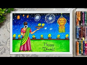 How to Draw Diwali Drawing || Diwali Scenery Painting || Indian Festival Deepawali Poster Making