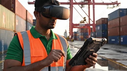 Worker wearing VR headset uses tablet at port container yard. Man with virtual reality manages shipping logistics. Worker at port uses VR and tablet. Container yard worker with VR technology.