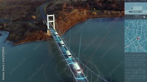 Autonomous Electric Van semi truck car driving on a highway with technology assistant tracking information, showing details. Visual effects clip