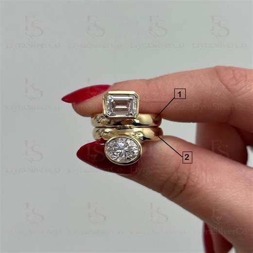 Offset Bezel Setting Diamond Ring, East to West Oval Cut Moissanite Ring, 8x6mm Emerald Cut Moissanite Solitaire Ring, 14K Gold Wedding Ring - Etsy