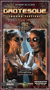 Steampunk Style Alert! 🕰️⚙️ Lieve bezoekers van het Grotesque Indoor Festival '24, we hebben een speciale missie voor jullie! Dit jaar brengen we de magie van Steampunk naar het festival, en wat zou deze fantastische sfeer zijn zonder jullie? Stap in de wereld van tandwielen, hoeden, goggles en Victoriaanse vibes en laat je creativiteit de vrije loop. Of je nu gaat voor een complete outfit of alleen een paar opvallende accessoires, elke touch van Steampunk maakt de beleving nóg specialer. We ku