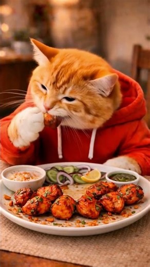 Orange cat tries chicken tikka, India's famous snack. #shorts #aivideo #orangecat #comedyshorts