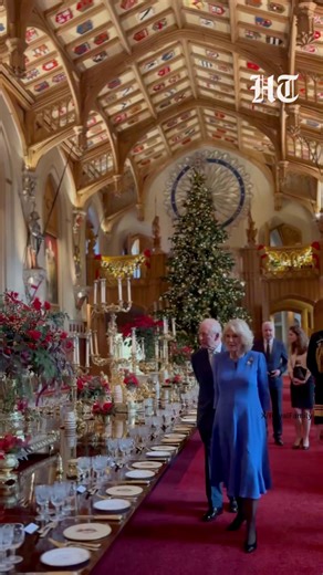 🎄Preparations taking place for State Banquet! The traditional Christmas tree in St George’s Hall is a 25-foot-high Nordmann Fir tree taken from Windsor Great Park and is dressed with thousands of twinkling lights. | Hindustan Times