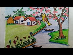 How to draw scenery of spring season step by step (bosontokal)