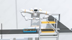 Dual-arm robot assembly motor coils in cell-production space. Collaborative robot concept. Original design. 3D rendering animation.