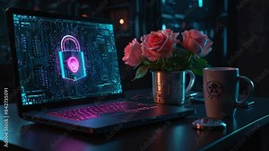 A laptop with a padlock symbol on the screen, sitting on a table with a vase of roses and a coffee mug.
