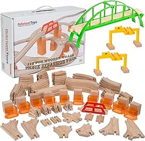110 Pieces Wooden Train Tracks Expansion Pack with Bridges, Tunnel, Ascending Tracks, Accessories, Elevated Tracks, Toddler Boys Kids 3-8 Montessori STEM Gift Compatible Thomas, Brio Wooden Railways
