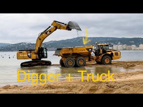 Big Excavator Loading Sand on Dump Trucks! 🏖️ Beach Construction Action