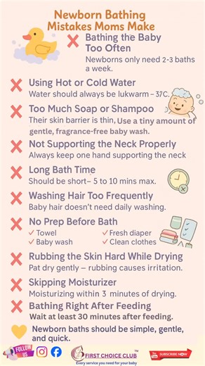 First Choice Club on Instagram: "🛁 Newborn Bathing Mistakes Moms Make “Bathing a newborn can feel scary at first, mama 🤍 But most moms only make a few simple mistakes — and they’re easy to fix! Here are the most common bathing mistakes and what to do instead 💛 Save this for your daily routine!” ⸻ Newborn skin is extremely delicate, and small mistakes during bath time can cause dryness, discomfort, or fussiness. Here are the most common newborn bathing mistakes and the simple fixes every new m