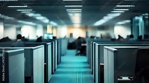 Cubicle office view with people milling around in the blurred background, workers moving through the office space, workday atmosphere, office routine