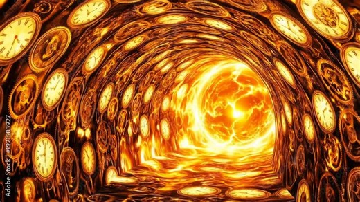 Spiral of ancient clocks in fiery time vortex concept. Surreal glowing tunnel filled with vintage clock faces and fiery light at the end symbolizing time and energy