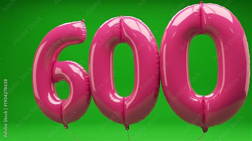 Three Dimensional Pink 600 Number Balloon on Green Screen