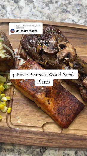 Replying to @MysteryAndBeyond 4-Piece Bistecca Wood Steak Plates are so fancy #hexclad #hexcladwoodenplates #woodenplates #serveware #plates @HexClad