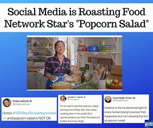 A #FoodNetwork star has ruffled social media’s feathers with her twist on the traditional 7-layer salad. #MollyYeh made #PopcornSalad during her latest episode of “Girl Meets Farm,” which consists of spinach, carrots, celery, sugar snap peas and popcorn tossed in a mayo-based dressing… and, well, people just can’t deal. It immediately started trended with people offended by “the culinary atrocity.” Watch the video and let us know, are you for or against ‘popcorn salad?’ #FoodieFriday | The Daily