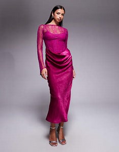 ASOS DESIGN lace long sleeved high neck maxi dress with velvet drape overlay skirt in plum | ASOS