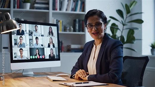 Confident businesswoman leads a virtual team meeting on her computer showcasing modern remote collaboration and professional leadership in a home office setting