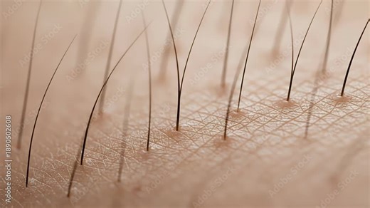 Microscopic view of human skin with hairs standing on end, showing the phenomenon of goosebumps or piloerection in an extreme close up, illustrating a physical reaction to stimuli