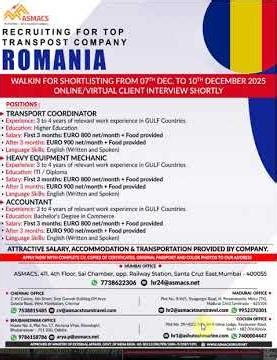 New job Vacancy in Romania Europe