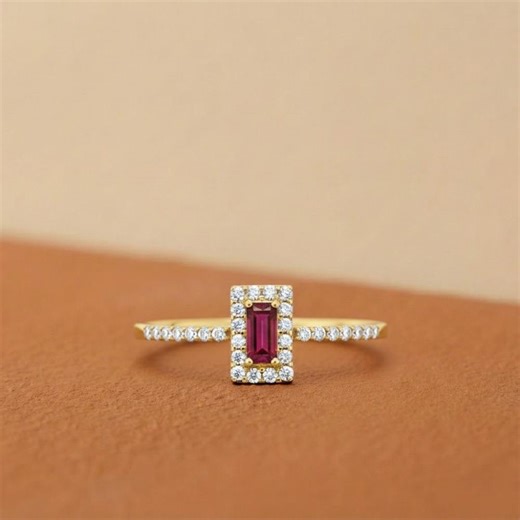 Ruby Halo Ring in Solid Gold, Rectangular Red Gemstone Ring With Diamonds, Romantic Jewelry Gift for Her - Etsy