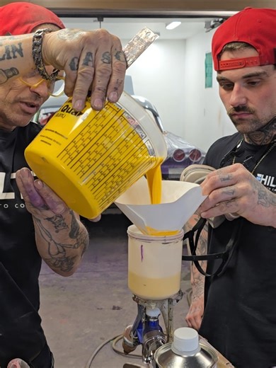 258K views · 3.3K reactions | A lot of people suggested that the third color should be gray or silver, so let’s take a look at how the epoxy sits against the purple and black. Gotta admit—it does look pretty good. But we’re sticking to the plan and going with yellow! We’re using Nason single-stage, and the best part? The paint is leftover from a previous build, so the cost is technically zero. Can’t argue with free! Time to mix it up and spray it  | Bad Chad | Facebook