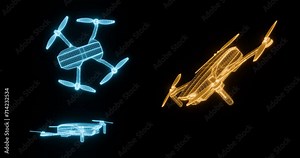 Motion rotation animation Drawing of a quadcopter drone three projections in the form of a wireframe of polygons on a black isolated background, 3D render.